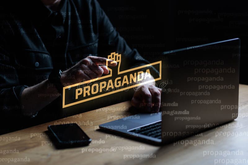 Propaganda Visual Concept. Man Points Finger at Propaganda Text Stock ...