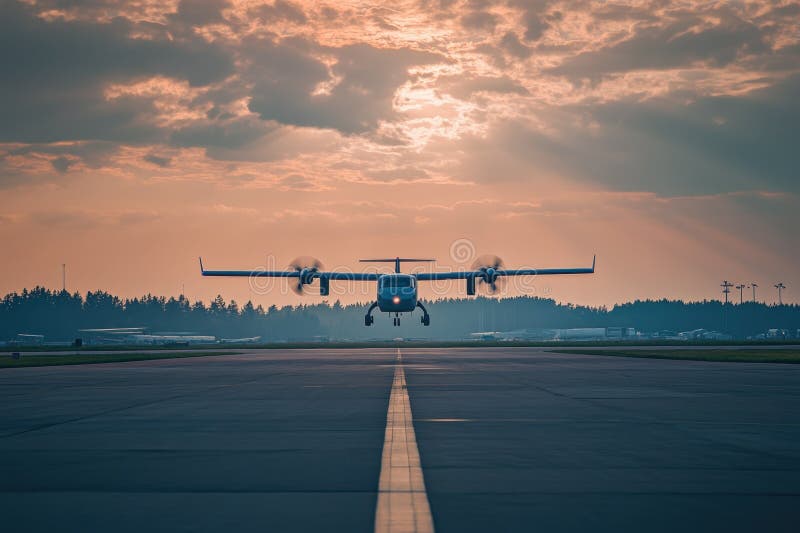 Aircraft Prepares for Takeoff at Sunset in a Serene Airport Setting ...