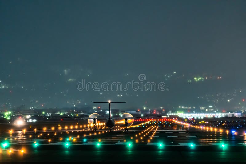 Propeller Plane Taking Off Scene in the Night Stock Image - Image of ...