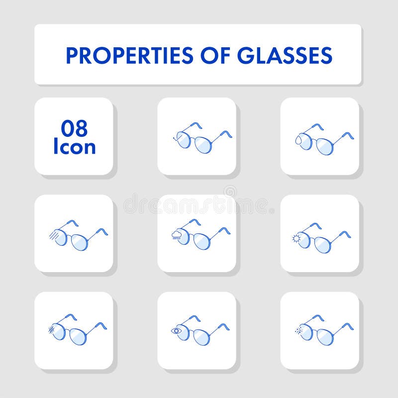Properties of Glasses Flat Icons or Symbol in Blue Color Stock ...