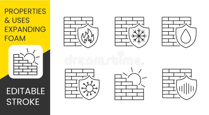Properties of Polyurethane Foam on Walls Set of Vector Line Icons with ...
