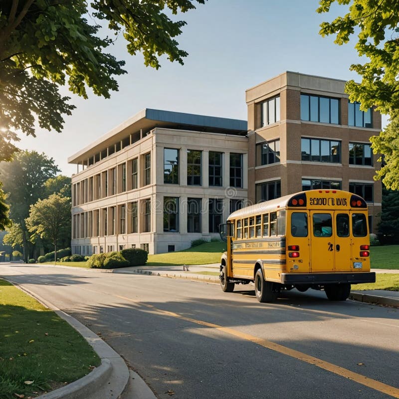 School Educational Building and Yellow Color School Bus, Students Stock ...