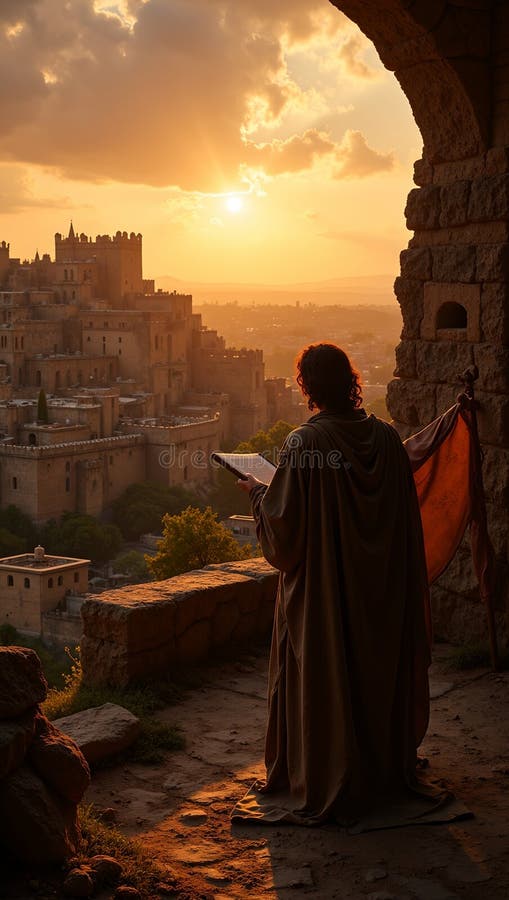 Prophet Writing on Scroll at City Wall Dramatic Sunset Shadows Stock ...