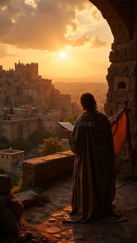 Prophet Writing on Scroll at City Wall Dramatic Sunset Shadows Stock ...