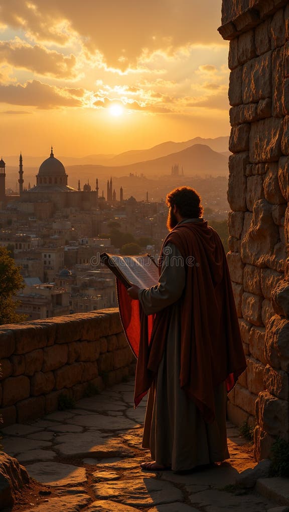Prophet Writing on Scroll at City Wall Dramatic Sunset Shadows Stock ...