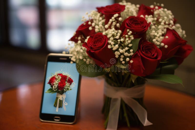 A Proposal Message on a Phone Screen beside a Bouquet Stock Image ...