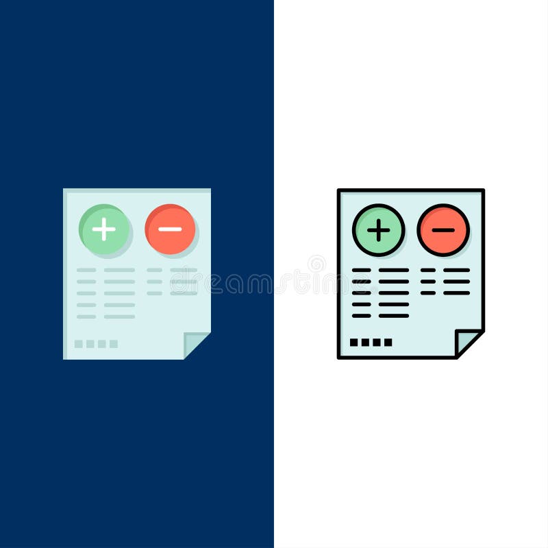 Pros, Cons, Document, Plus, Minus Icons. Flat and Line Filled Icon Set ...
