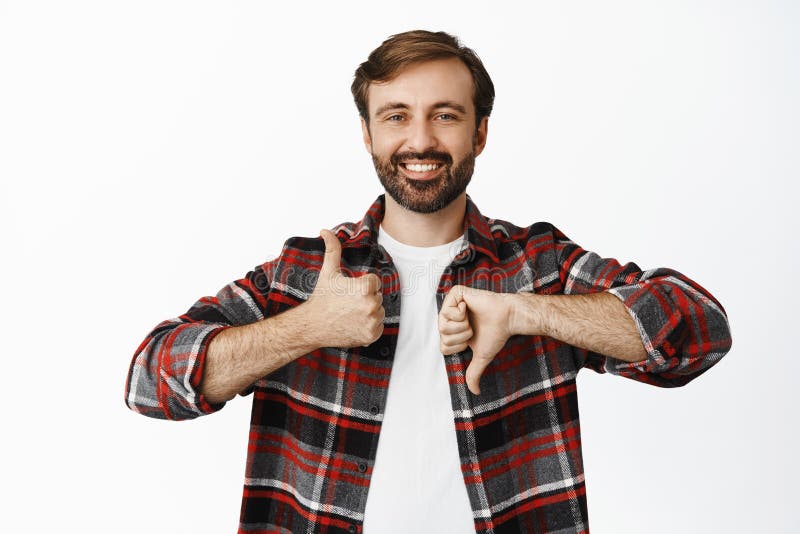 Pros and Cons. Thoughtful Corporate Woman Makes Decision, Shows Thumbs ...