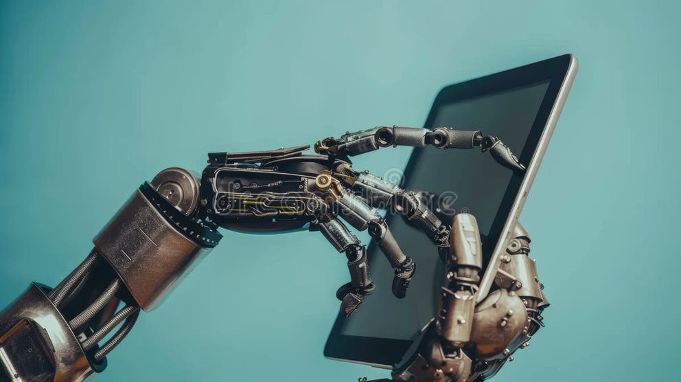 Prosthetic Hand Holding Tablet with Mockup on Blue Backdrop for Modern ...