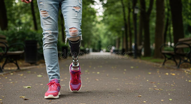 Prosthetic Leg in Park Shows Strong Movement Forward, Symbol of Active ...