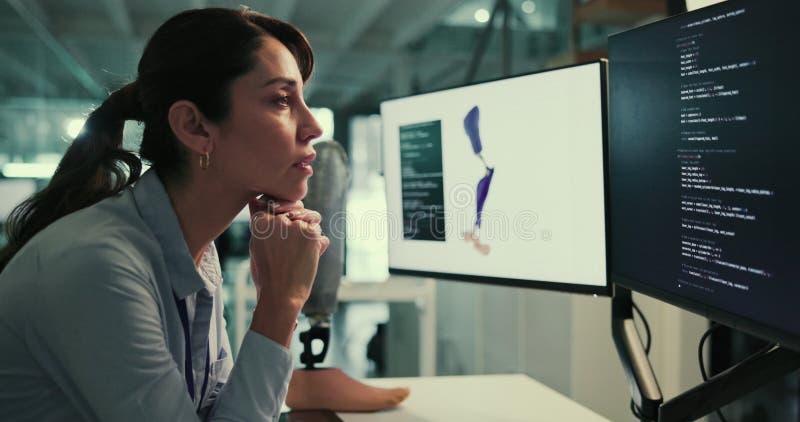 Prosthetics, Research and Woman with Computer Screen in Office for ...