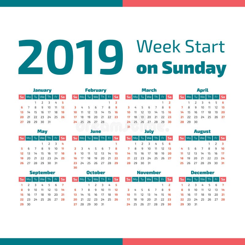 Prosty 2019 rok kalendarz ilustracja wektor. Ilustracja złożonej z ...