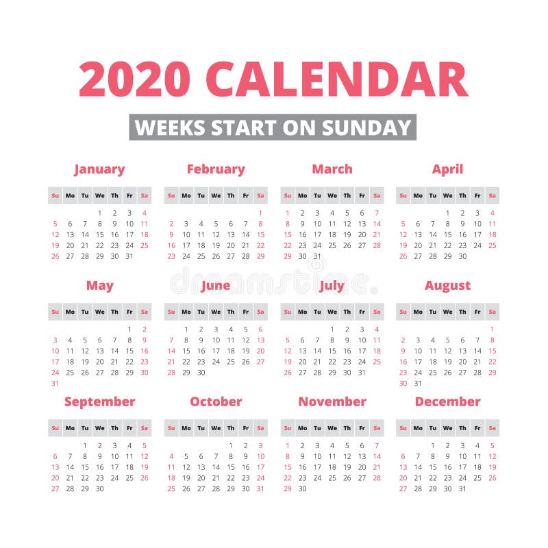 Kalendarz 2020 Rok Projekta Wektorowy Szablon Ilustracja Wektor ...