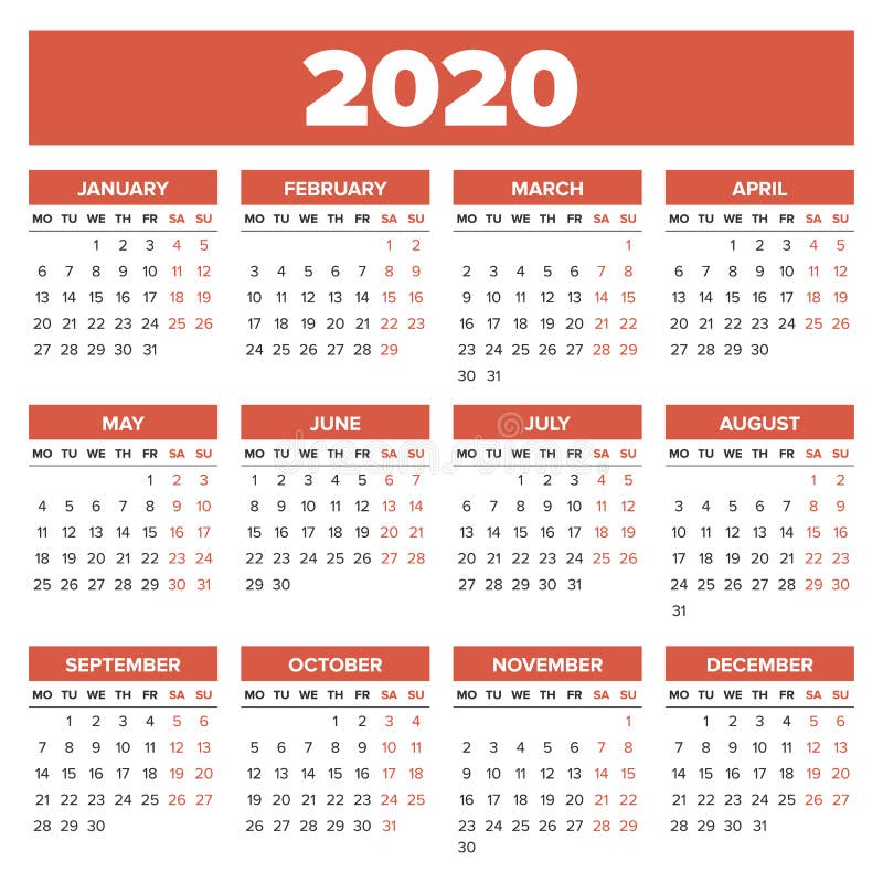 Prosty 2020 rok kalendarz ilustracja wektor. Ilustracja złożonej z ...