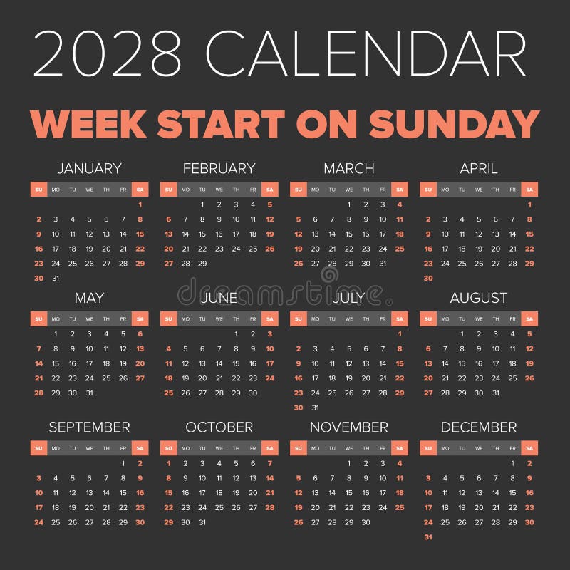 Wektoru Kalendarz 2028, Niedziela Ilustracja Wektor - Ilustracja ...