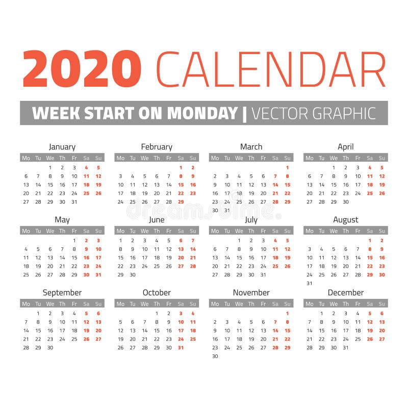 Kalendarz 2020 Rok Projekta Wektorowy Szablon Ilustracja Wektor ...