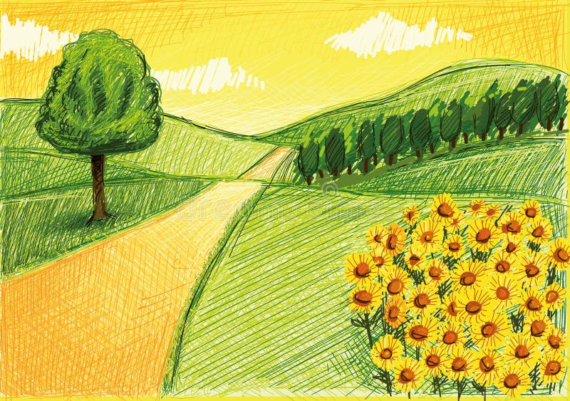 Prosty rysunek krajobraz ilustracji. Ilustracja złożonej z trawy - 42744952