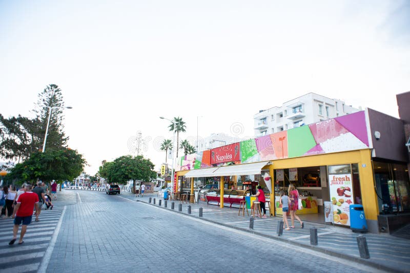 Protaras. Main Street with Restaurants and Shops in Protaras on Cyprus ...