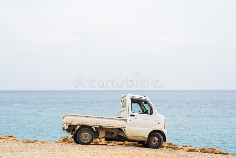 Protaras. White Truck in Protaras on Cyprus. Sea on Background ...