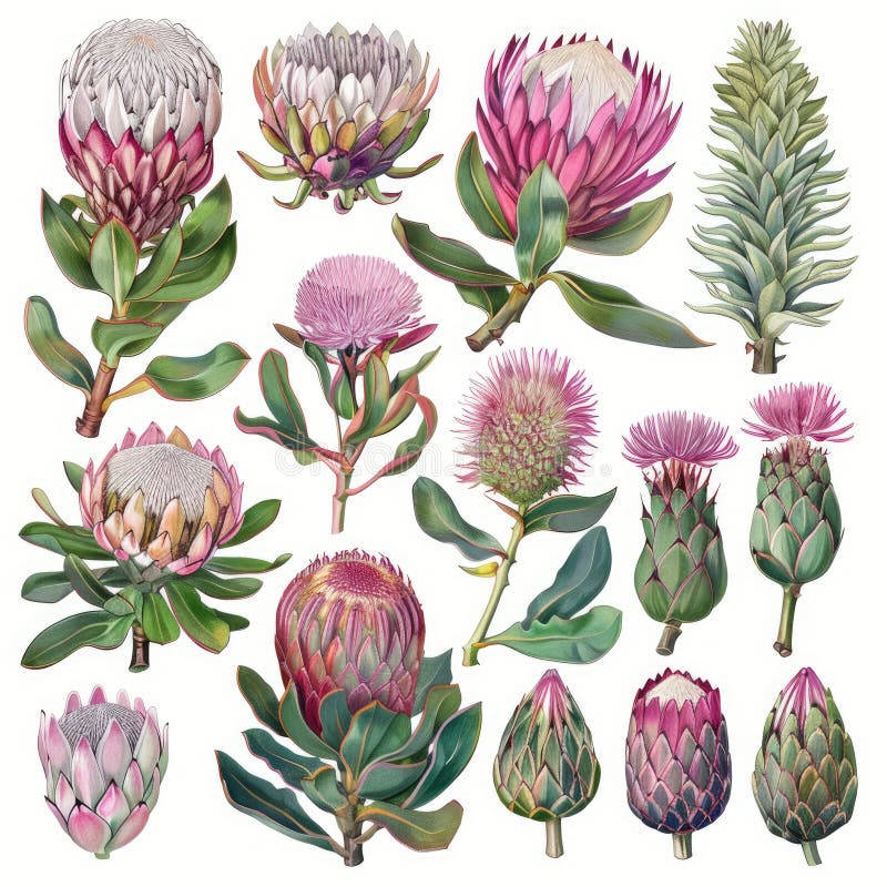 Protea Flower Set with Leaves on White Background. Botanical ...