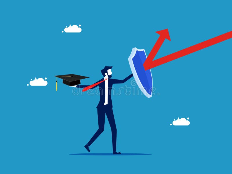 Protect Learning. Businessman with Shield Protects Graduation Cap from ...