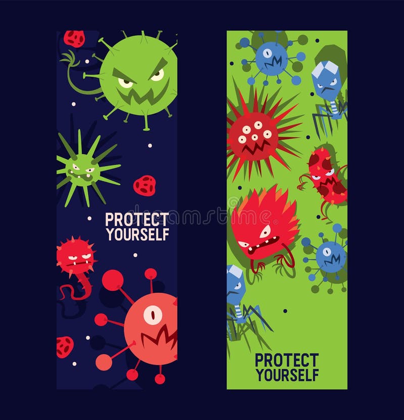 Protect Yourself Set of Banners Vector Illustration. Microbes or ...