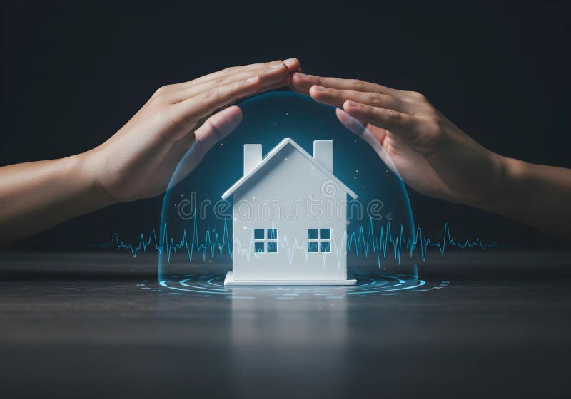 Protecting a House with a Digital Shield and Human Hands Stock Image ...