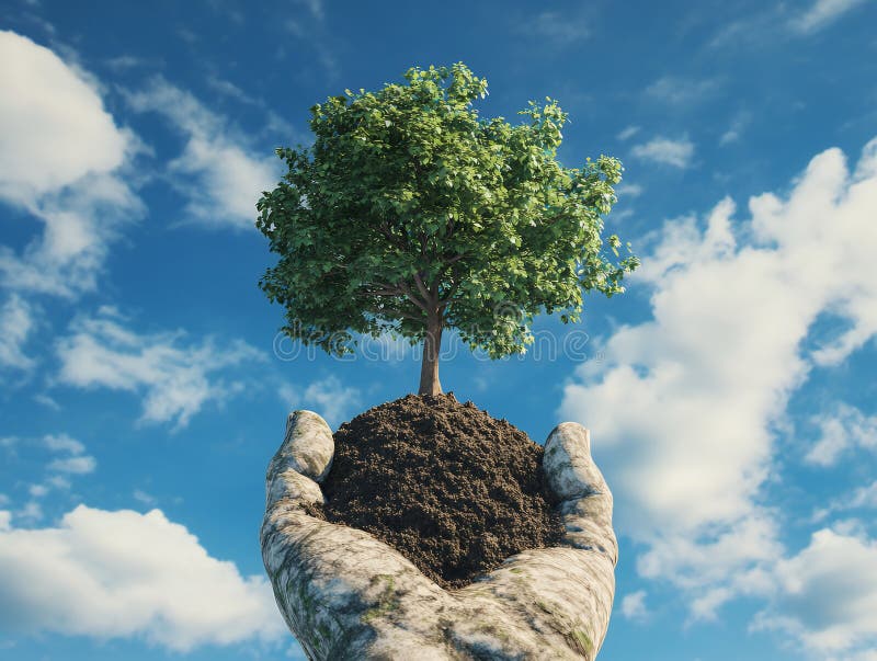 Protecting Nature Young Tree Growing in Hands Earth 3d Sky Soil Life ...