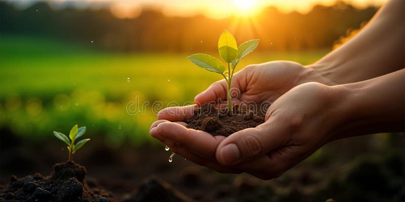 Hands Holding Young Plantling at Sunset.image is Generated Using AI ...