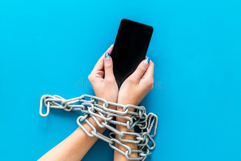 Protection from Cyber Attack with Cell Phone in Hands and Chain on Blue ...