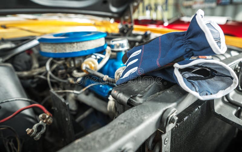 Protection Gloves Laying Next To Classic Car Engine Compartment Stock ...