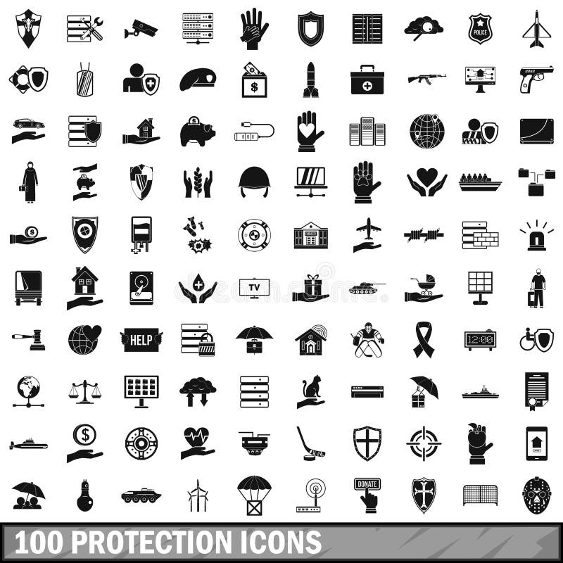 100 Protection Icons Set, Simple Style Stock Vector - Illustration of ...