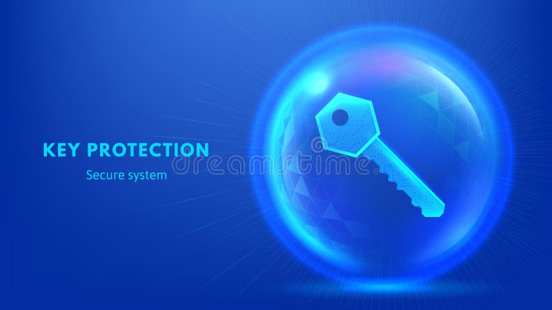 Protection Key. Digital Security Key in Glowing Wireframe Shield Sphere ...