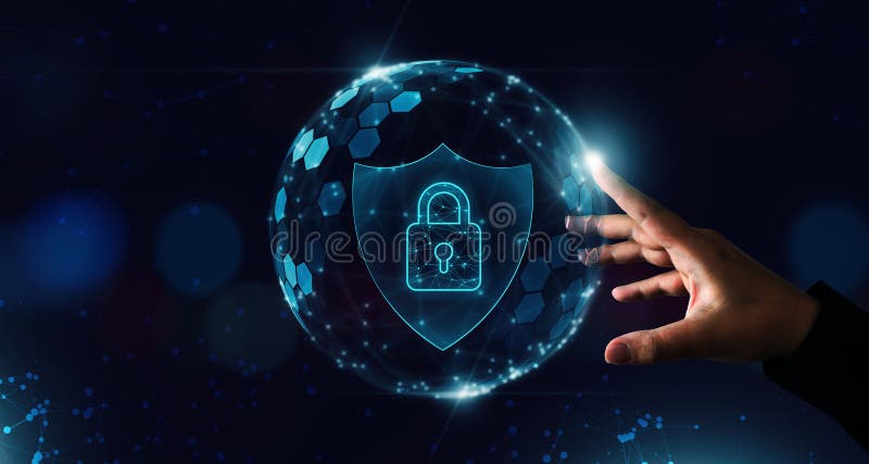 Hand of Businessman Pointing Shield Protect Icon and Graphic World ...