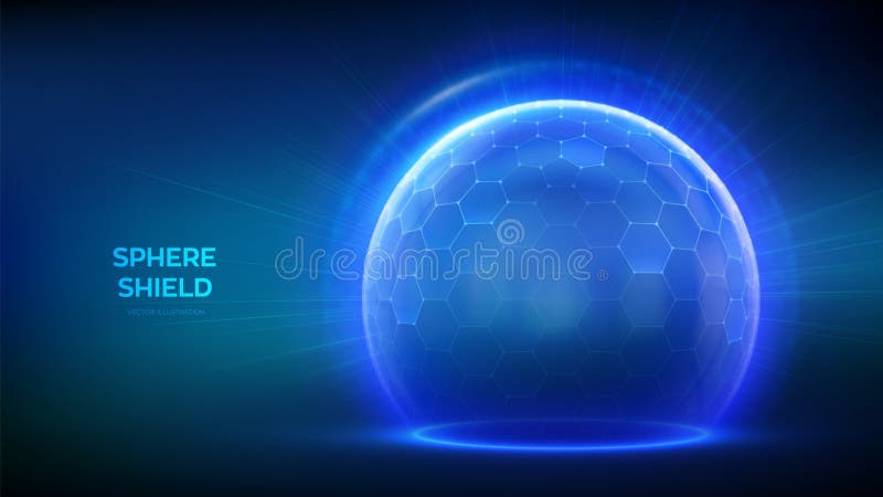 Protection Sphere Shield with Hexagon Pattern on Blue Background. Glass ...