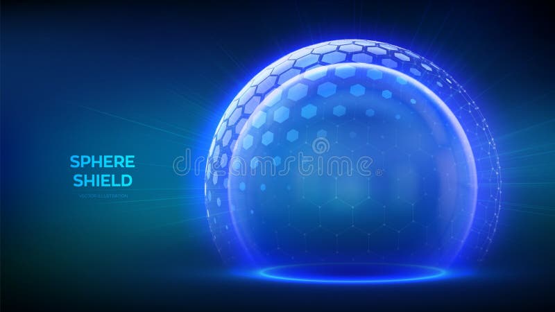 Protection Sphere Shield with Hexagon Pattern on Blue Background. Glass ...