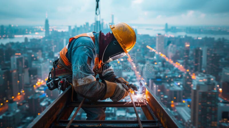 Protective Gear Welding a Beam at Height on the Skeletal Framework of a ...