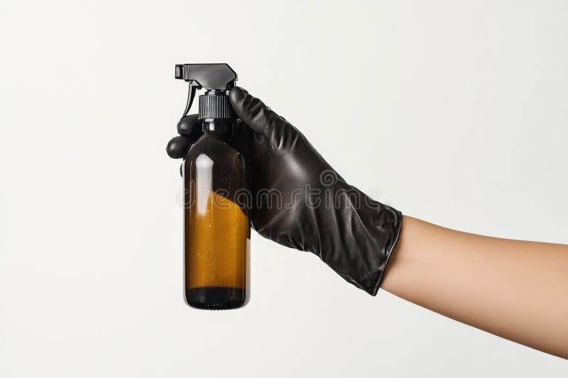 Protective Glove Action: Spraying Cleaner on a White Background. Stock ...