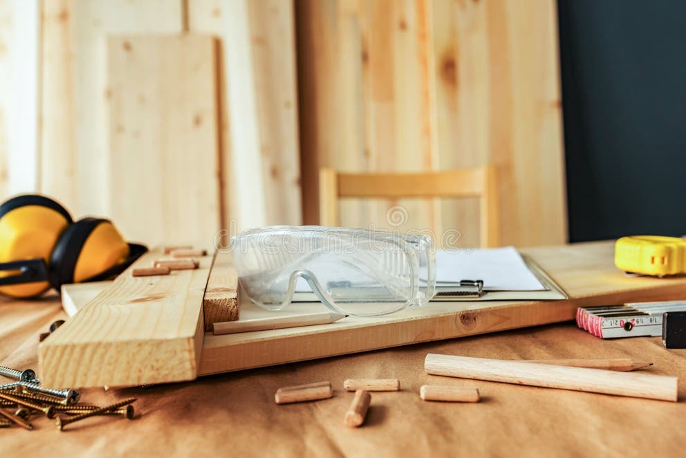 Protective Goggles on Carpentry Woodwork Workshop Desk Stock Photo ...