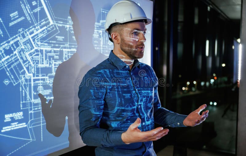 Protective Hard Hat on Head. Man Architect in Hard Hat is Near ...