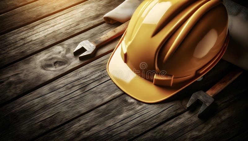 Protective Yellow Hard Hat Resting on Weathered Wooden Table with Left ...