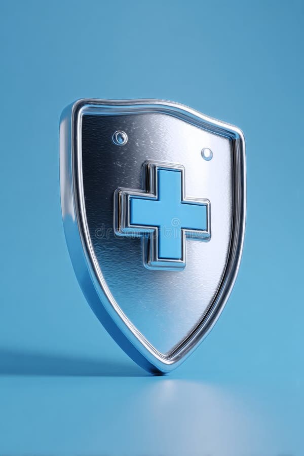 Protective Shield with a Blue Cross Symbol Against a Solid Blue ...