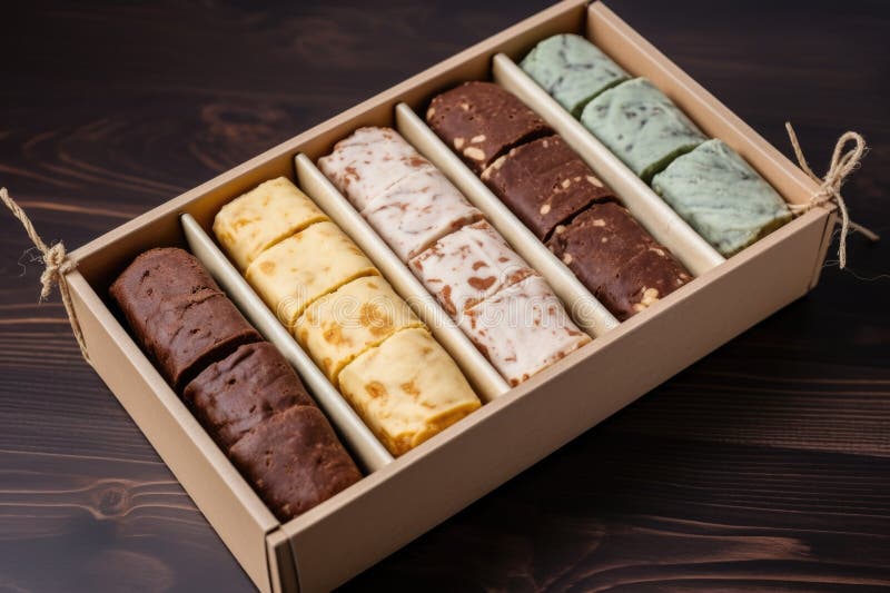 Protein Bars Assorted in a Wooden Box Stock Illustration - Illustration ...