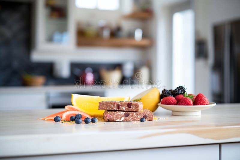 Protein Bars Stacked on a Kitchen Table, with Fruits by the Side Stock ...