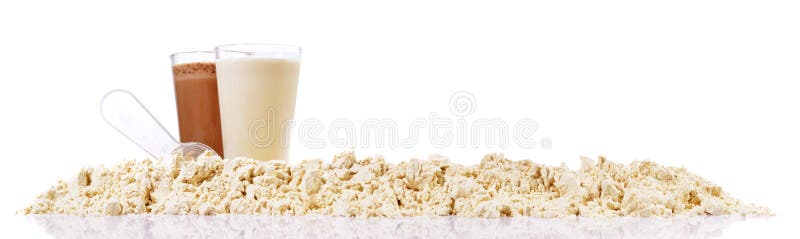 Protein Powder Banner with Chocolate and Vanilla Shakes Isolated on ...