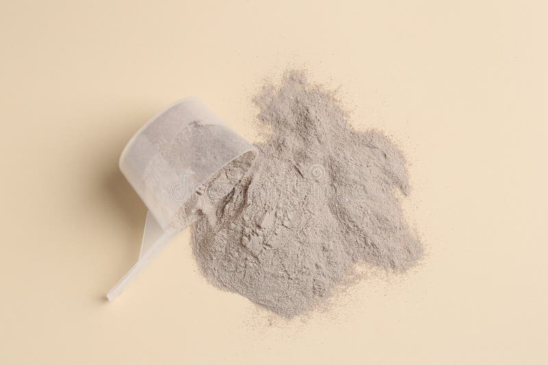 Protein Powder and Scoop on Beige Background, Top View Stock Image ...