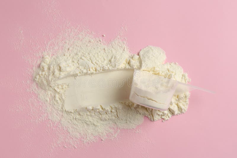 Protein Powder and Scoop on Pink Background, Top View Stock Image ...