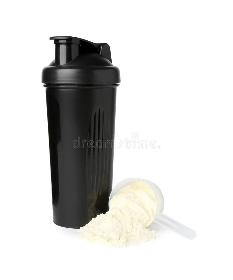 Protein Powder, Scoop and Shaker Isolated on White Stock Photo - Image ...