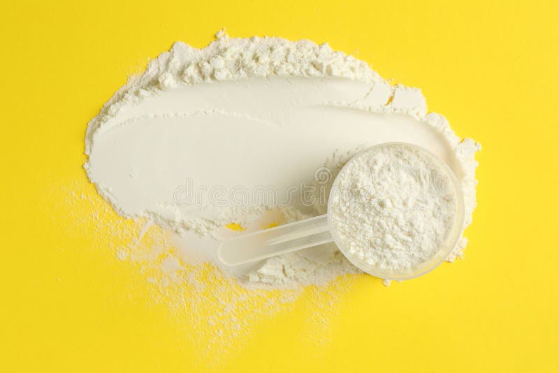 Protein Powder and Scoop on Yellow Background, Top View Stock Image ...