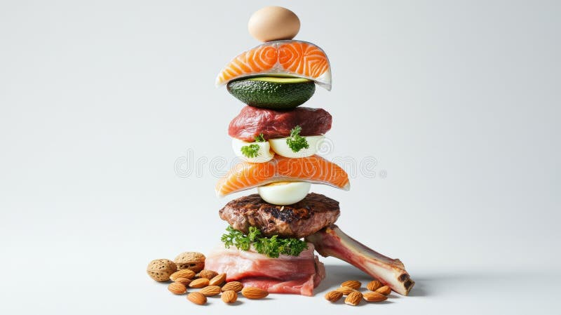 Protein-rich Food Tower with Salmon, Eggs, and Nuts Arranged in Balance ...